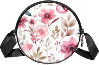 Generic Petit sac &agrave; bandouli&egrave;re circulaire pour femme, motif feuilles florales, sac &agrave; dos avec fermeture &eacute;clair, bretelles r&eacute;glables, sac &agrave; main rond d&eacute;contra