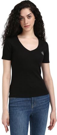 Calvin Klein Jeans Damen T-Shirt Kurzarm Woven Label Rib V-Neck V-Ausschnitt, Schwarz (Ck Black), XXS