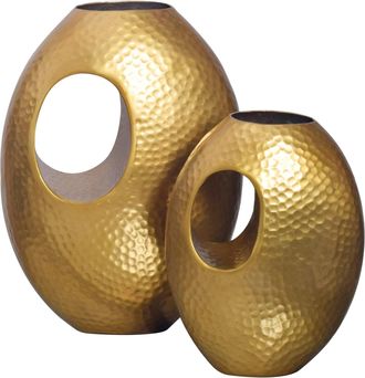 WOHNLING Deko Vase 2er Set Aluminium Gold mit Tragegriff Blumenvase Modern, Hammerschlag Dekovase 2-teilig f&uuml;r Blumen, Alu Tischvase Handgefertigt