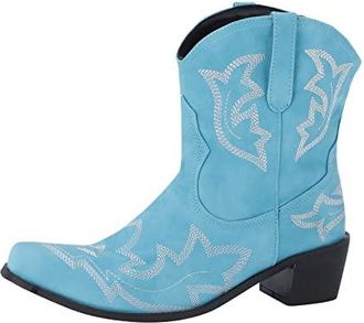 Generic Bottines western pour femme - Bottes de cowboy brod&eacute;es - Hauteur mollet - Bottes classiques avec talon &eacute;pais - Bottes mi-hautes - Bottes de transition