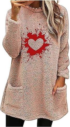 Generic Sweat-shirt l&eacute;ger en polaire pour femme - Sweat d&eacute;contract&eacute; double pelucheux - Motif coeur - Fermeture &eacute;clair - Pull long, rose, M