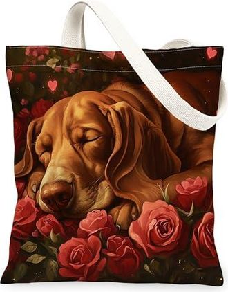 Generic Sac fourre-tout en toile motif chien Bloodhound pour faire du shopping 33 x 38,1 cm, sac d&eacute;picerie r&eacute;utilisable pour la Saint-Valentin, motif roses ro