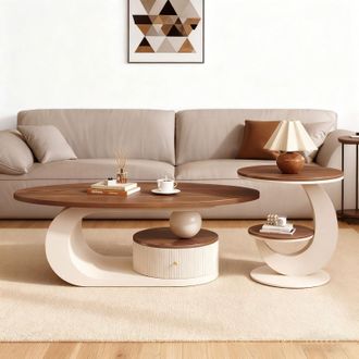 Generic 2er-Set freistehende Wohnzimmer-Couchtische Moderne ovale Satztische mit Schubladen und Stauraum Gro&szlig;er Couchtisch aus Holz for Wohnung/Haus(White,120