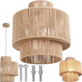 TecTake Hängelampe im Boho-Stil, Deckenleuchte, Wohnzimmerlampe aus Jute, Ø 32 cm Lampenschirm, Deckenlampe Wohnzimmer, Pendelleuchte mit E27 Fassung, Esszimm