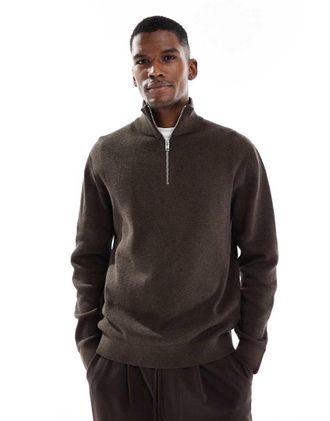 Jack & Jones Pull en maille de qualit&eacute; sup&eacute;rieure avec col zipp&eacute; - Marron-Brown