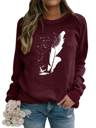 Dresswel Pullover Damen Feder Drucken Sweatshirt Langarmshirt Rundhals Langarm Shirts Herbst Winter Pulli Tops Oberteile Bluse(Weinrot,2XL)