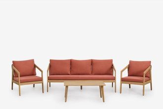 Sklum Gartenset mit 3-Sitzer-Sofa, 2 Sesseln und Couchtisch aus Akazienholz und geflochtenem Seil Kaela Helles Akazienbraun - Sklum