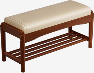 Generic Schuhbank Aus Massivholz Mit PU-Lederkissen, 2-stufige Aufbewahrungsbank for Den Eingangsbereich, Offener Gepolsterter Flur-Organizer Mit Fußstütze(Wa