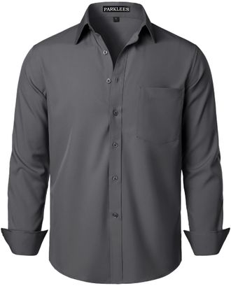 PARKLEES Herrenhemd, normale Passform, einfarbig, knitterfrei, lang&auml;rmelig, l&auml;ssige Gesch&auml;ftshemden mit Knopfleiste und Tasche, dunkelgrau, 3XL