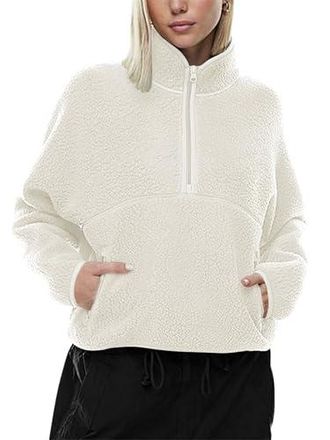 Generic Chandail court en polaire pour femme avec demi-fermeture &eacute;clair et poches, beige, XXL