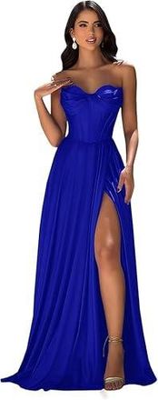 Generic Robes de bal en satin longue sans bretelles avec poches, corset trap&egrave;ze, robes de soir&eacute;e formelles avec fente, bleu marine, 10XL Grande taille