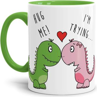 Tassendruck Dino-Tasse Hug me Geschenk-Artikel/Liebes-Tasse/Witzig/Paar/Liebe/Kaffeetasse/Teetasse/Dino-Saurier/Innen & Henkel Hellgrün