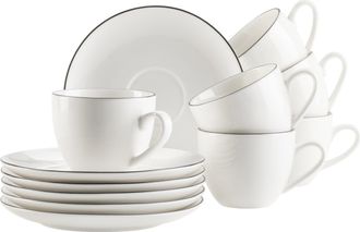 M&auml;ser M&auml;ser Serie Felise, Espressotassen Set 12-teilig aus Porzellan - 6 Tassen & 6 Untertassen - Wei&szlig; mit schwarzem Rand