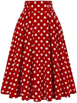 Generic Jupe Mi Longue Femme Vintage Plissée à Taille Haute Imprimé Pois A-Ligne Casual Tendance Basiques Rétro Midi Jupes pour Festival Costume Soiree Cockta