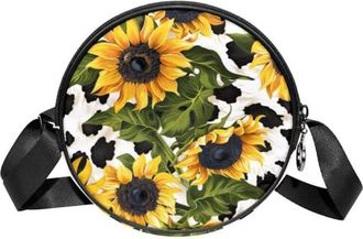 Generic Petit sac &agrave; bandouli&egrave;re rond pour femme, motif tournesol avec fermeture &eacute;clair, bretelles r&eacute;glables, style d&eacute;contract&eacute;, pour femmes et filles