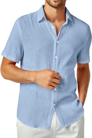 Onsoyours Hemd Herren Kurzarm Button Down Sommerhemd Musselin Leicht Strand Freizeit Businesshemd A Hellblau XL