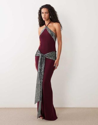Asos Halter-Maxikleid mit Paillettensch&auml;rpe in Schwarz-Lila