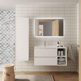 Cygnus Bath Meuble de salle de bain BEQUIA Plus 90cm Blanc mat Vasque Porcelaine Robinet &agrave; gauche