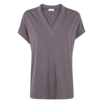 Brunello Cucinelli Femme, Tops, Brun, Taille: 42 FR T-shirt Monile &agrave; Col V