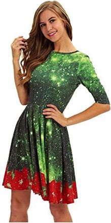 Generic 2026 Robe amincissante col robe slim d&eacute;contract&eacute;e mi-longue femme manches mi-longues imprim&eacute; rond No&euml;l, Vert, M