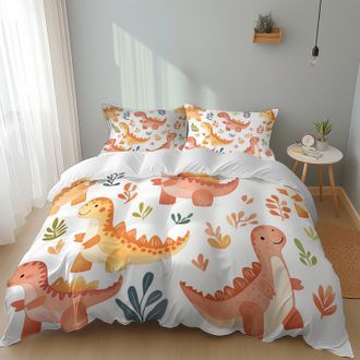 Generic Cartoon Dinosaurier Bettbezug 155 x 220 cm Beige Bettw&auml;sche Set, Weiche Atmungsaktiv Mikrofaser Bettbezug 3 Teilig f&uuml;r Teenager Jungen M&auml;dchen mit 2 K