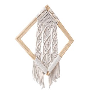 FOMIYES Makramee Wandteppich aus Baumwollseil mit Quasten Handgewebt Rustikaler Holzrahmen Quadratischer Wandbehang f&uuml;r Wohnzimmer und Schlafzimmerdekoration