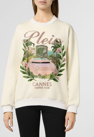 Philipp Plein Sweat &agrave; col rond en coton avec &eacute;paules tombantes et logo en strass
