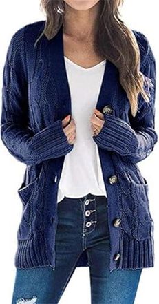 Generic Cardigan en tricot boutonn&eacute; pour lautomne d&eacute;contract&eacute; &agrave; manches longues avec poches, bleu marine, XXL