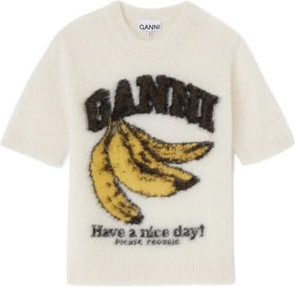 Ganni Femme, Tops, Blanc, Taille: 42 FR Fine Brushed Alpaca Banana T-Shirt