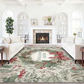 Generic Tapis Motif R&eacute;tro Couronne De No&euml;l Baies - 160 x 230 cm Antid&eacute;rapant Doux dint&eacute;rieur Tapis &agrave; Poil Ras pour Salon Chambre Salle de Jeux - Gris Lavable 