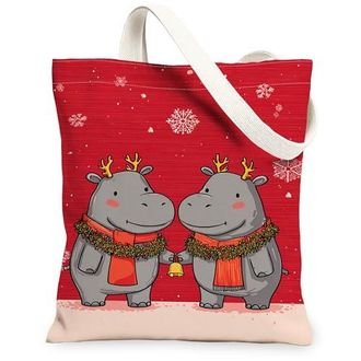 Generic Sacs fourre-tout en toile motif hippopotame de No&euml;l, adorables sacs d&eacute;picerie r&eacute;utilisables, l&eacute;gers et lavables avec bandouli&egrave;re pour voyage, plage, p