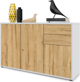 Vladon Sideboard Ben V3, Kommode mit 3 Türen und 2 Schubladen, Weiß matt/Eiche Natur (117 x 74 x 36 cm)