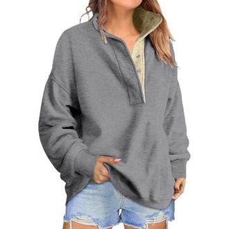 Generic Sweat-shirt d&eacute;contract&eacute; &agrave; boutons pour femme, pull surdimensionn&eacute; &agrave; manches longues, coupe ample, haut dautomne doux, gris, 3XL