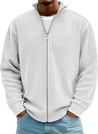 Generic Pull à col rond pour homme, chemise côtelée texturée, col montant, fermeture éclair, veste ample, mode automne, manches longues, sweat-shirt décontrac