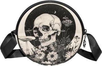 Generic Petit sac &agrave; bandouli&egrave;re circulaire pour femme, motif cr&acirc;nes, fleurs, petit sac &agrave; bandouli&egrave;re avec fermeture &eacute;clair, bretelles r&eacute;glables, sac &agrave; main ro