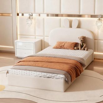 Generic Polsterbett 90x200 cm in Beige | Kaninchen-Kopfteil & Samtbezug | Einzelbett mit Holzlatten | Charmantes Kinderbett