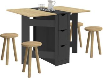 IDMarket Table console pliable EDI 2-4 personnes avec 3 tiroirs noirs plateau façon hêtre 103 x 76 cm