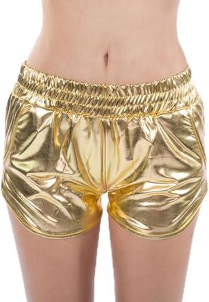 Generic Pantalon chaud m&eacute;tallique brillant en similicuir pour femme - Short &eacute;lastique &agrave; taille haute avec cordon de serrage et poches pour festival, performan