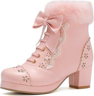 Generic Bottines à lacets vintage pour femme avec fermeture éclair latérale et noeud élégant Lolita, rose, 39.5 EU