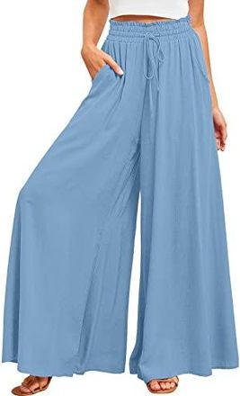 Generic Robes boh&egrave;me 2026 pour femmes, pantalon &agrave; jambes larges, drap&eacute; fluide, volants, couleur unie, cordon de serrage &agrave; la taille, bleu, XXL