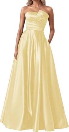 Generic Robe de bal longue sans bretelles en satin pour femme - Robe de soir&eacute;e formelle sans manches, jaune, 52 Grande taille