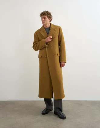 Topman Mantel in Oversize-Passform aus Wollmix mit Boucl&eacute;, zweireihig, in Oliv-Braun