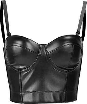 Minetom Femme Corset Bra en PU Cuir Steampunk Bustier Top Soutien Gorge Débardeur à Bretelle Clubwear Gilet Sexy Clubwear Soirée Shirt C Noir XL