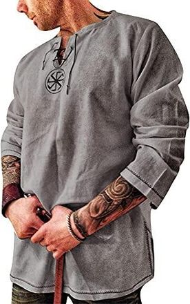ORANDESIGNE Chemise en Lin Slim Fit Henley Shirts Casual Manches Longues Chemise de Plage Classique F Gris S