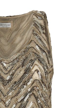 Brunello Cucinelli Chevron Sequin Embroidered Tank Top - Beige