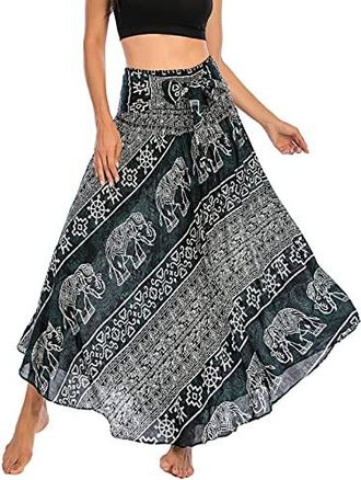 Feoya Jupe Longue Bohême Femme Jupe Gitane Fluide Hippie Taille Haute Élastique Jupes Indienne Maxi Robe Imprimé de Plage Vacances Robes Licou Dos Nu Sexy 2