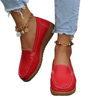 Onsoyours Mokassins Damen Leder Casual Loafers Flache Schuhe Halbschuhe Herbst Slip On Flache Freizeitschuhe B Rot 39 EU