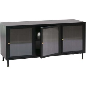 Hhg TV-Rack HHG-438, Lowboard TV-Schrank Sideboard T&uuml;ren Stauf&auml;cher Industrial Metall Schilfglas 58x120x40cm schwarz