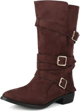 Generic Bottes de cowgirl occidentales &agrave; bout pointu &agrave; talons bas pour femme - &Agrave; enfiler - Avec sangles &agrave; boucle - Chaussures habill&eacute;es dhiver d&eacute;contract&eacute;es, 