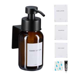 Relaxdays Seifenspender, 1er Pack, 250ml, Braunglas, Edelstahl, Wandseifenspender zum Kleben, ohne Bohren, braun/schwarz